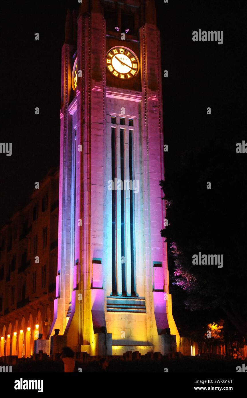 Lebanon: The illuminated clock tower at Beiruts Nemjeh Square at night ...