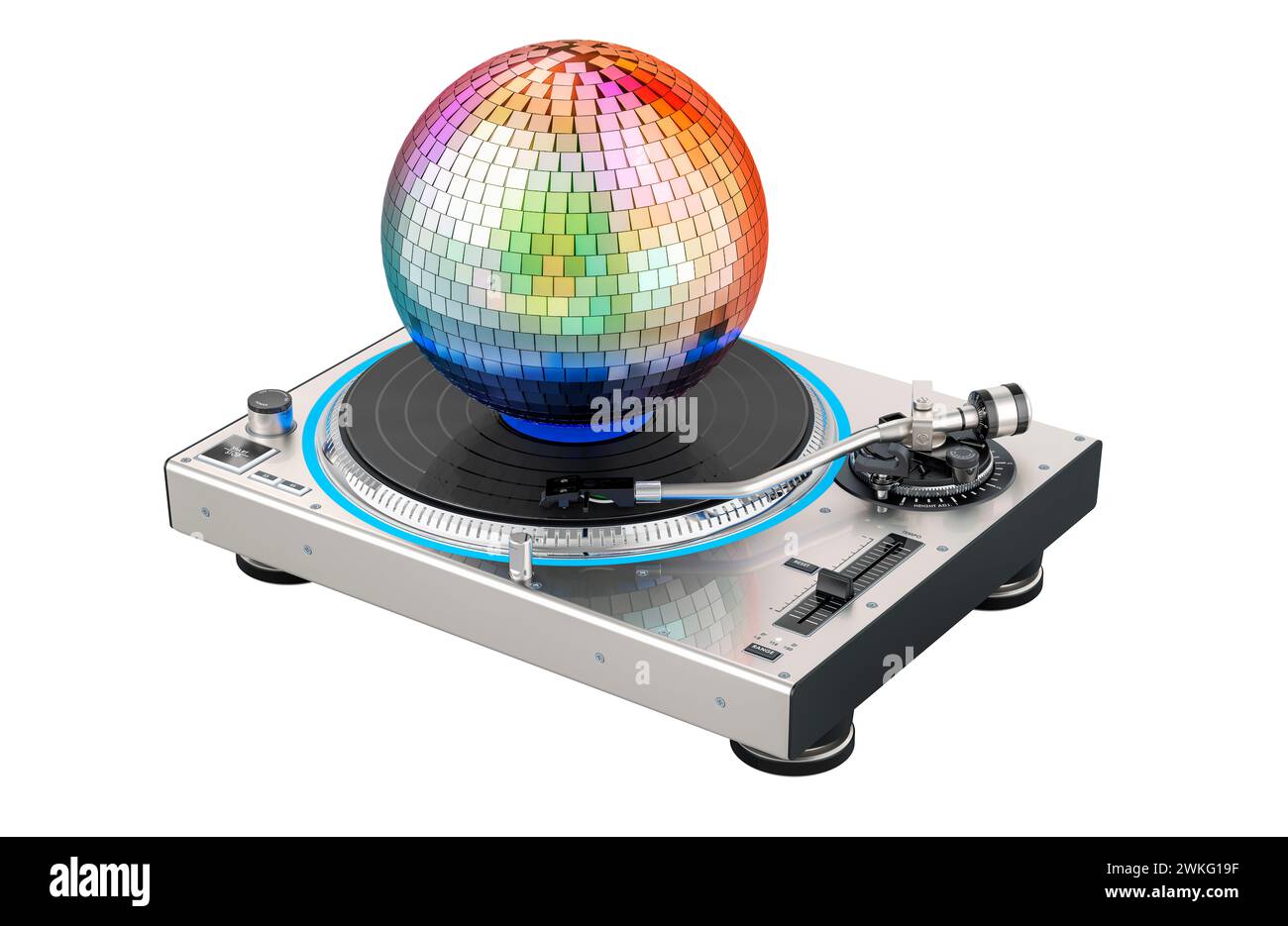 Disco ball with vinyl turntable, disco party concept. 3D rendering ...