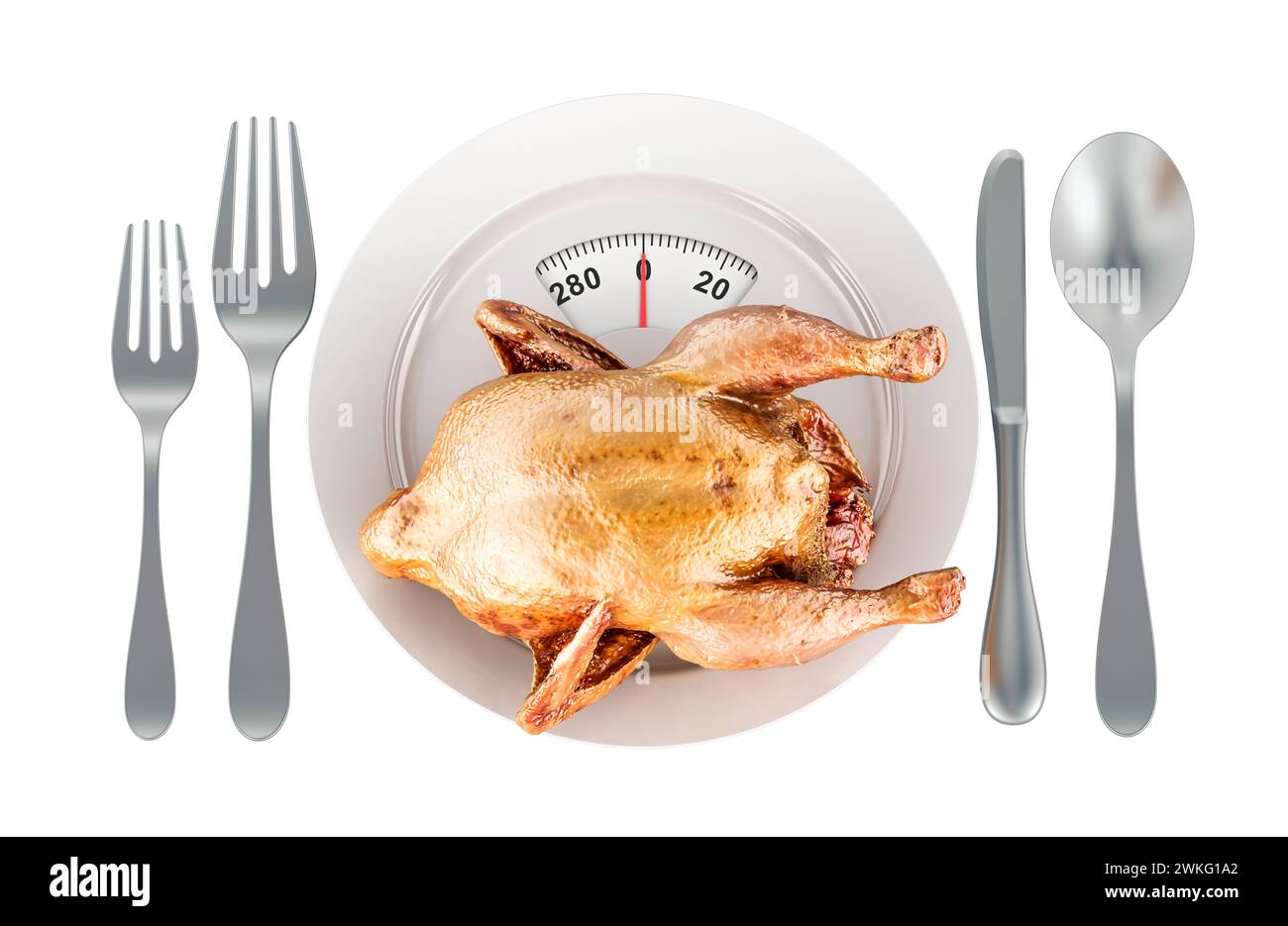 Raw chicken on the plate with weight scale. 3D rendering isolated on ...