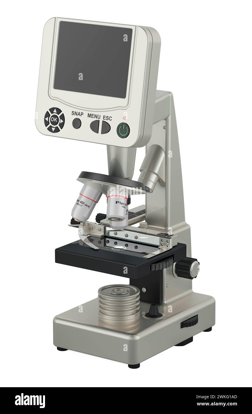 White Digital Microscope with black screen, 3D rendering isolated on ...
