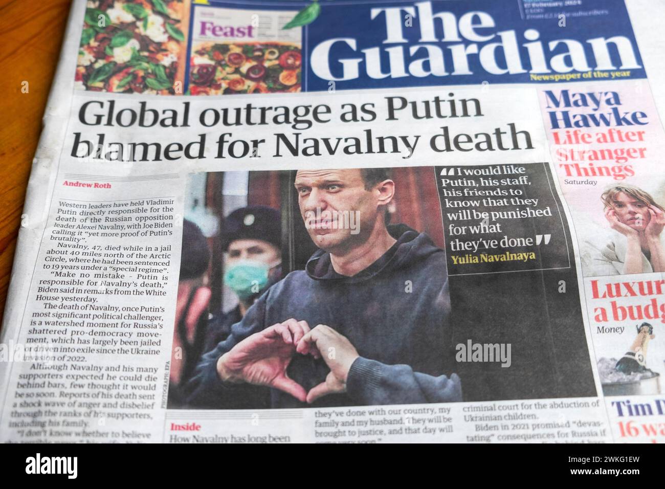'Global outrage as Putin blamed for Navalny death' Guardian newspaper ...