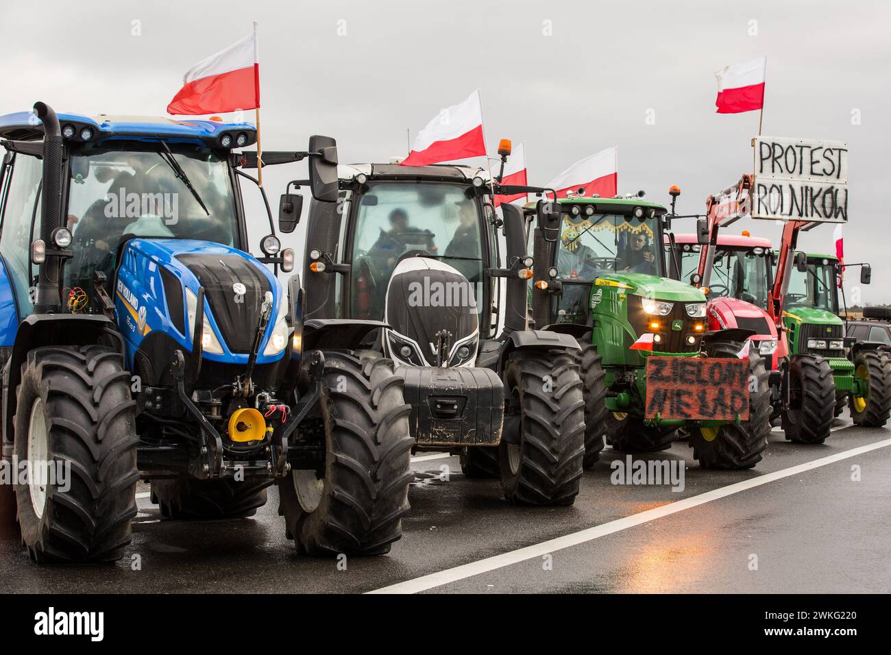 Tractors with polish flags and banners seen along the expressway S3 ...