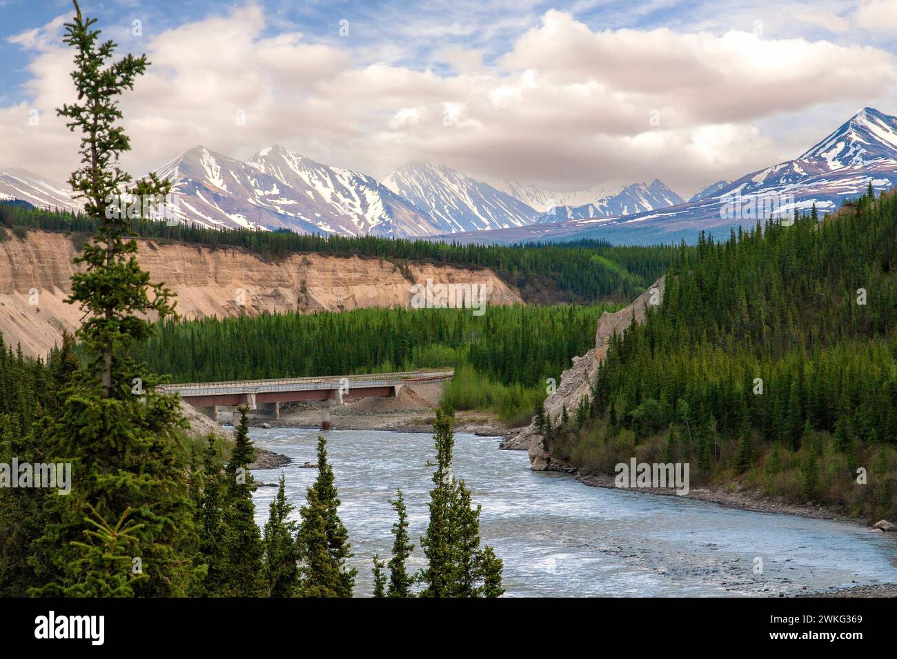 Scenic Alaskan landscape, mountain and river through Denali National ...