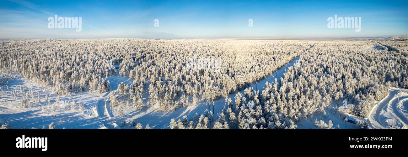 aerial panorama of taiga forest, in winter, at the Arctic Circle ...