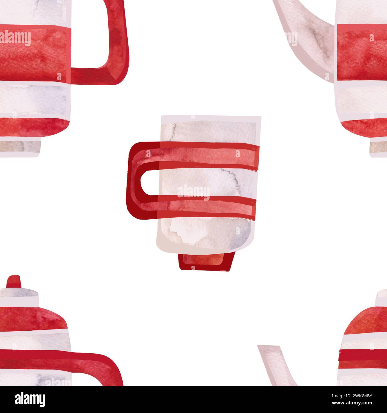 Watercolor seamless pattern with old-fashioned teapots and cups in red ...