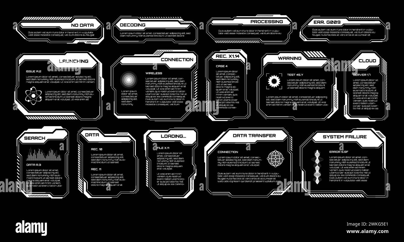 White futuristic HUD, UI elements. Sci-fi user interface text boxes ...