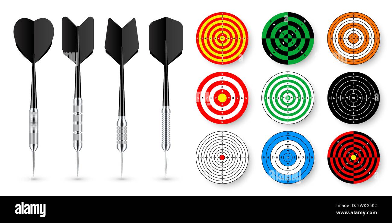 Paper targets with dart arrows and shadows. Shooting range round target ...