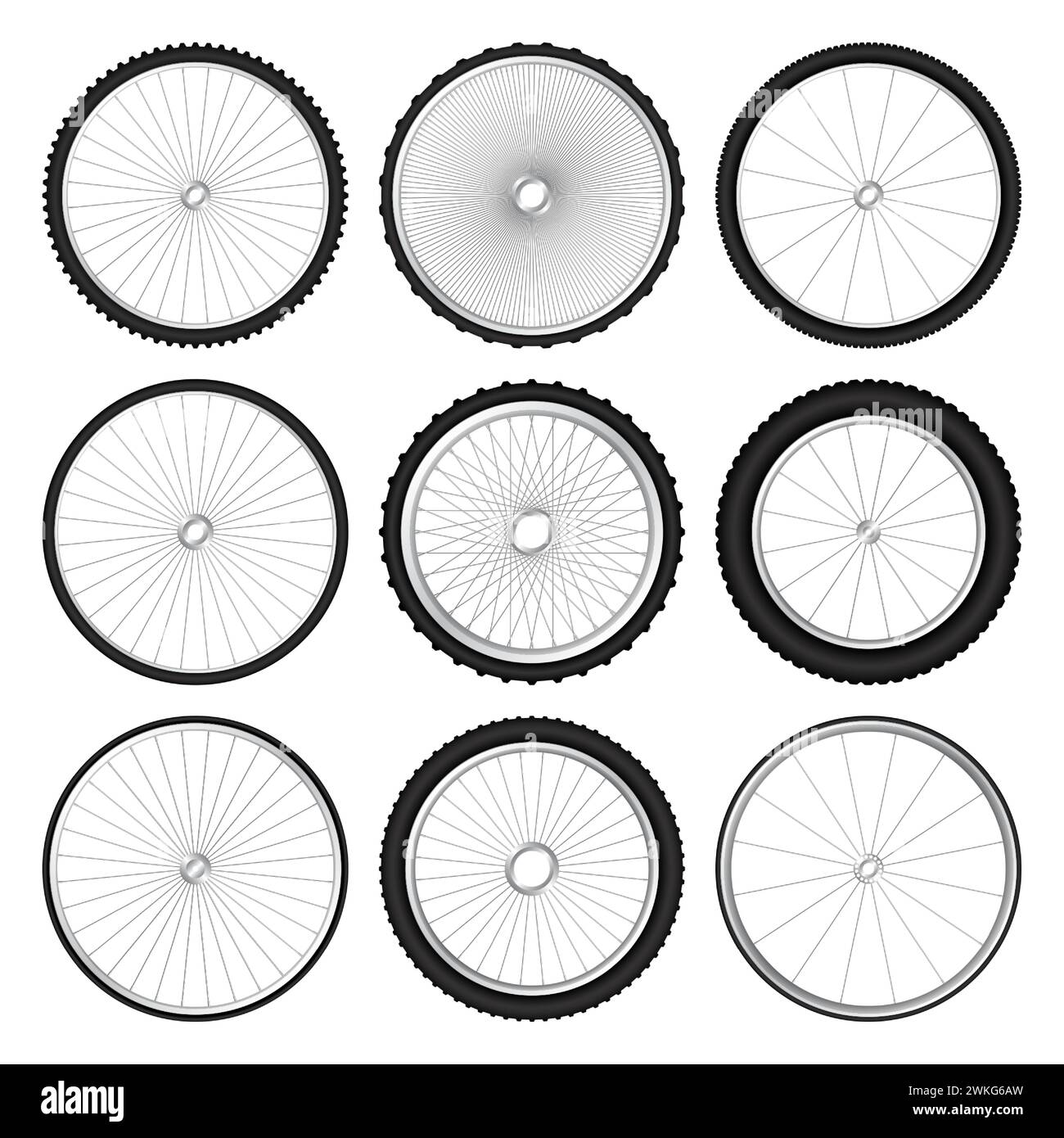Realistic 3d bicycle wheels. Bike rubber tyres, shiny metal spokes and ...