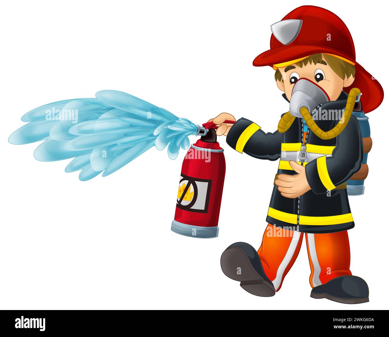 cartoon happy and funny fireman with extinguisher putting out the fire ...