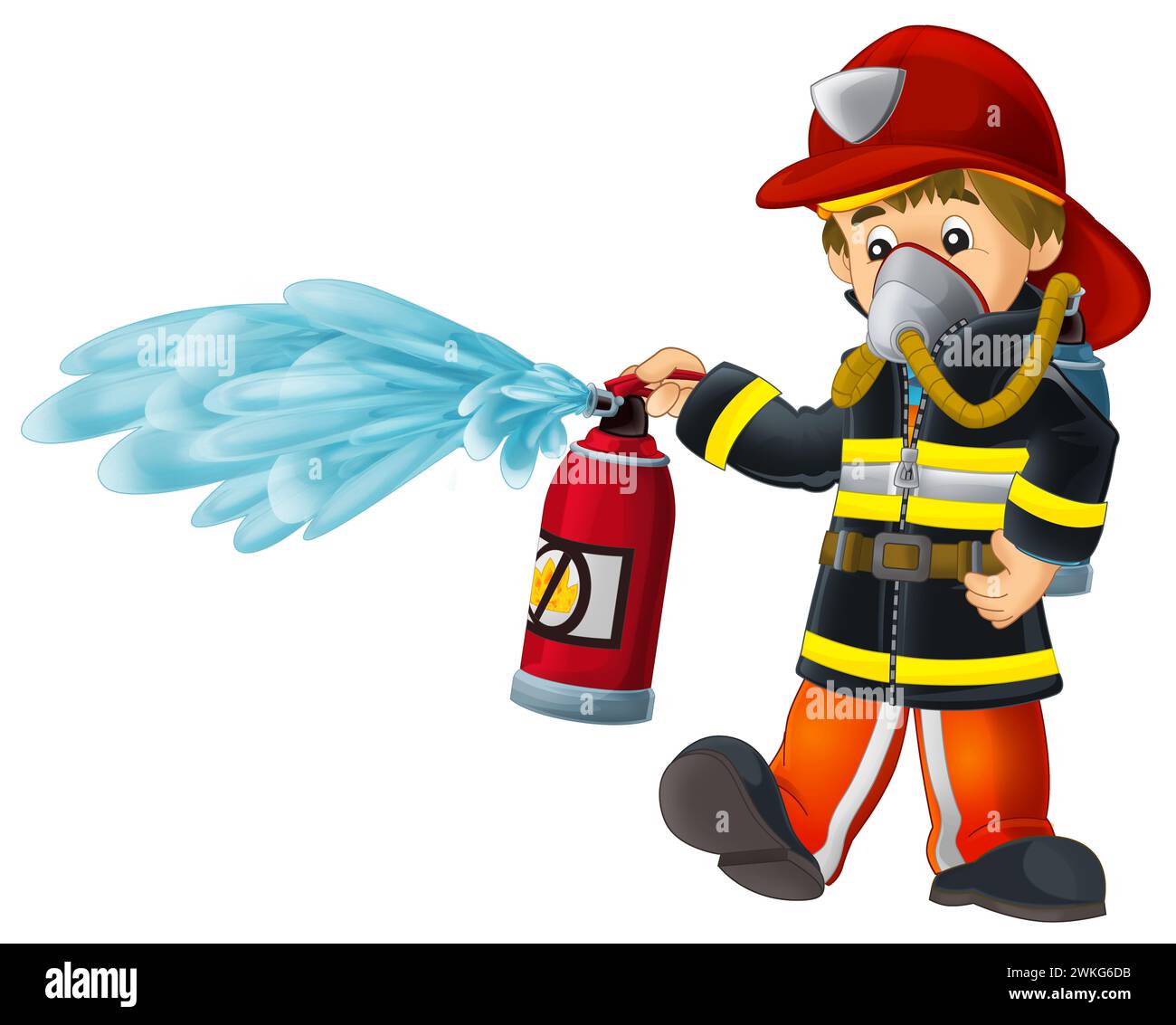 cartoon happy and funny fireman with extinguisher putting out the fire ...