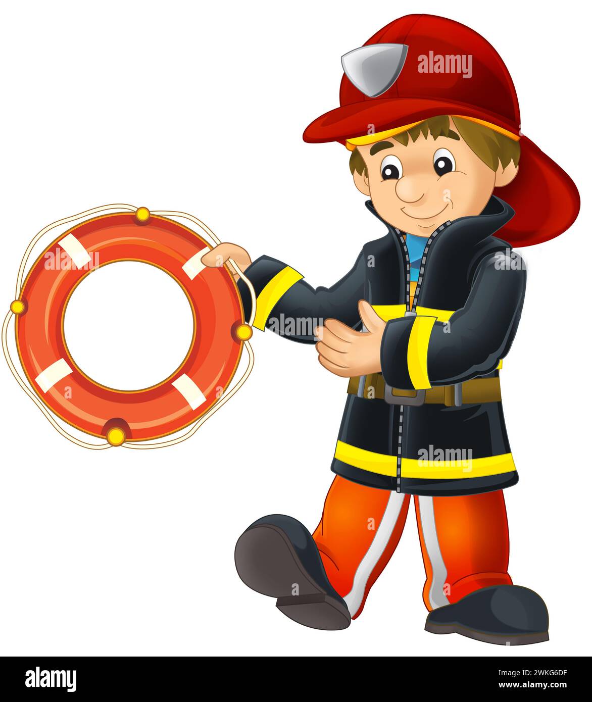 cartoon happy and funny fireman with lifebouy isolated illustration for ...