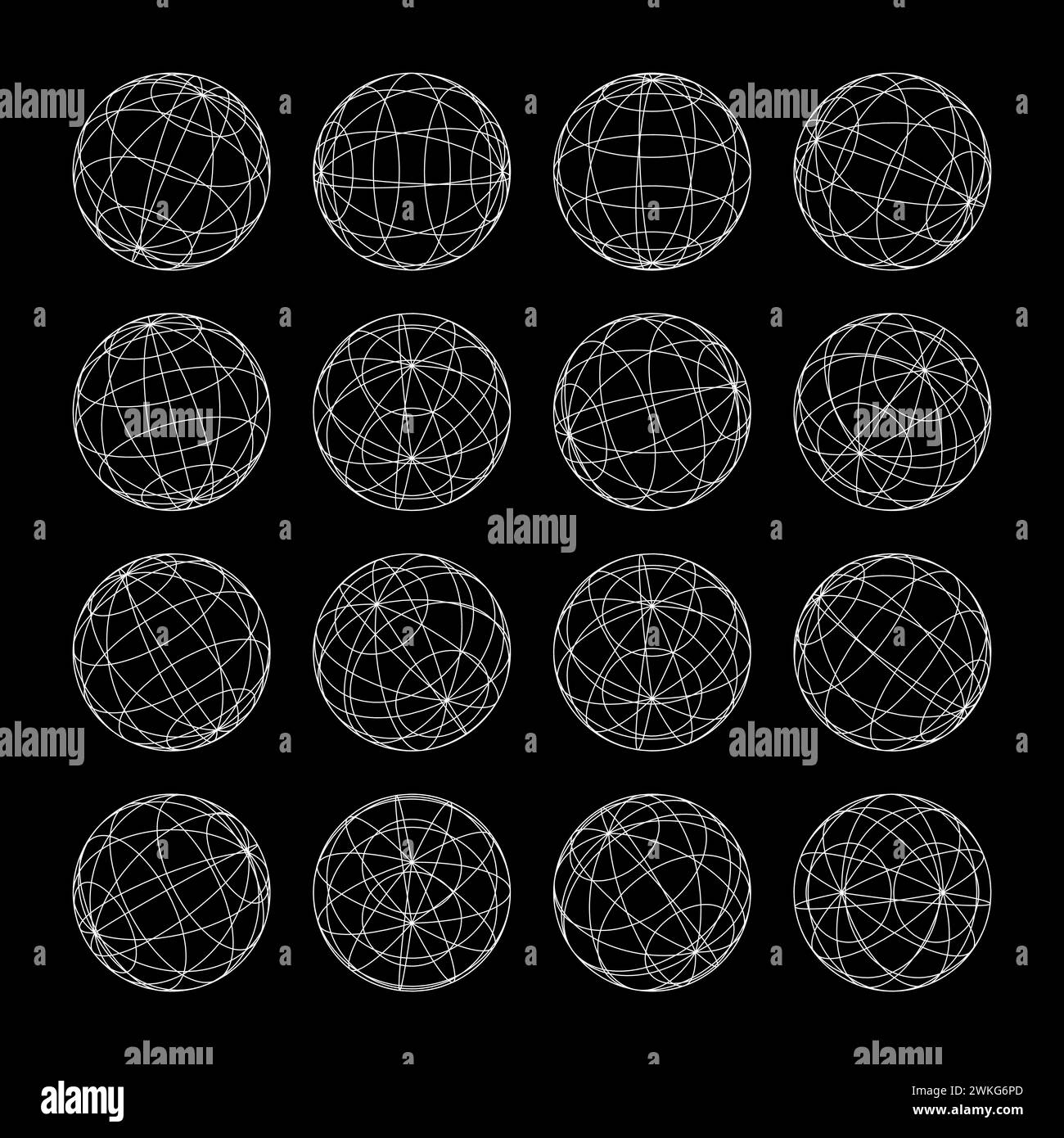 Wireframe shapes, lined sphere. Perspective mesh, 3d grid. Low poly ...