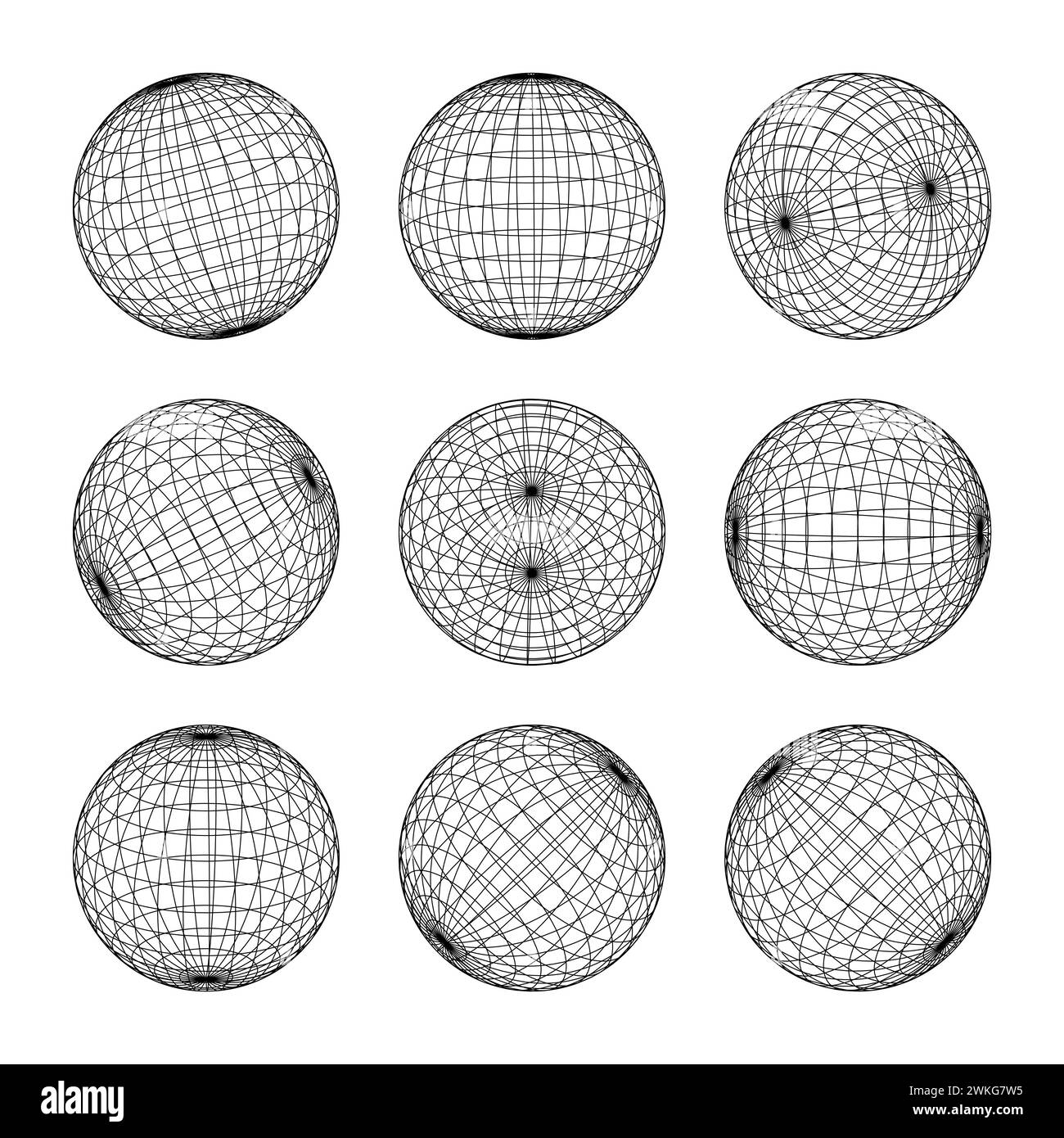 Wireframe shapes, lined sphere. Perspective mesh, 3d grid. Low poly ...