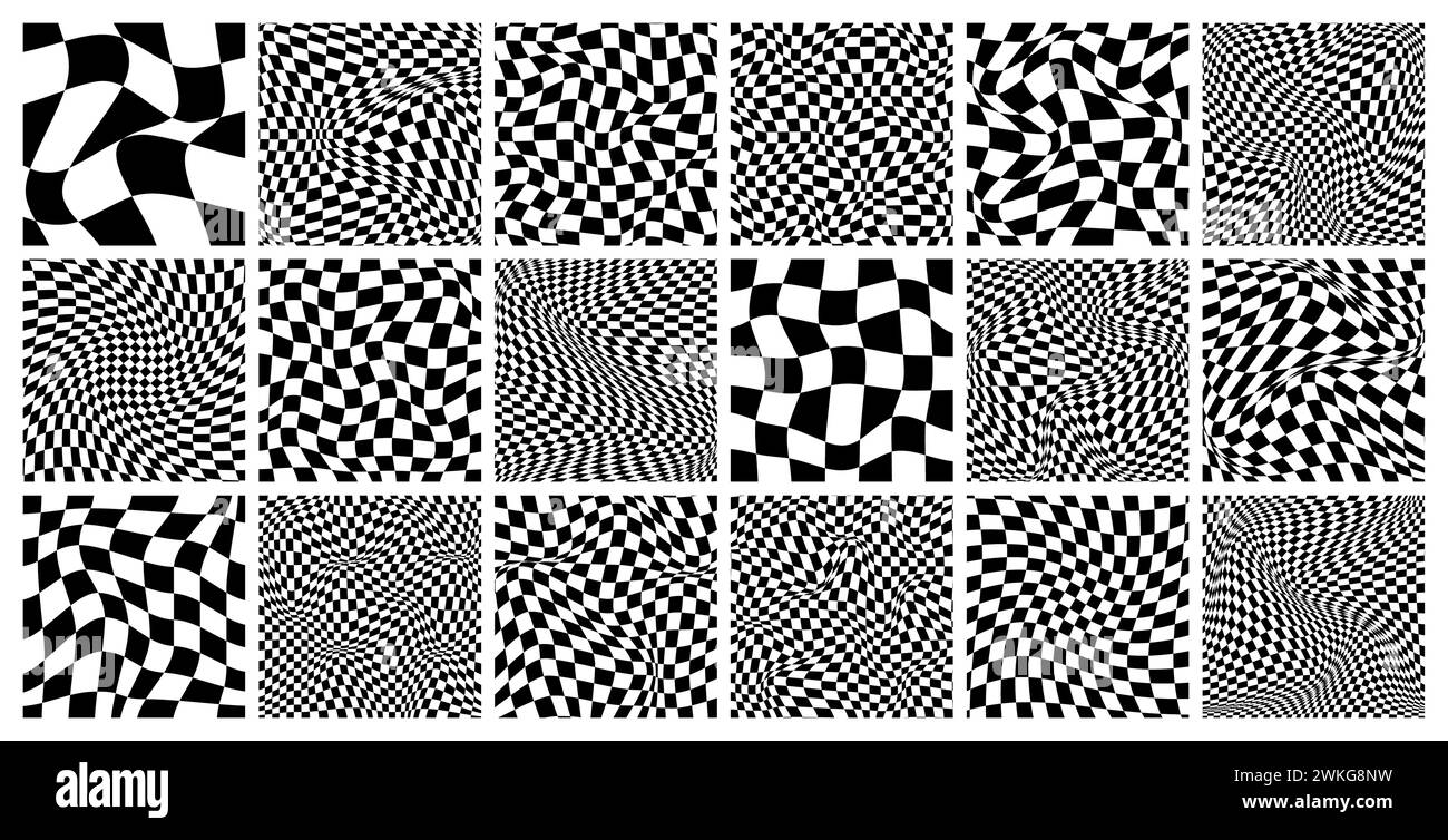 Trendy checkered pattern, black and white distorted tiled grid. Wavy curved backdrop, distortion ...