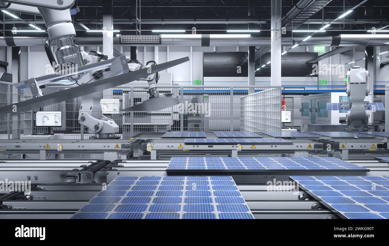 Solar panels moved on conveyor belts during production process in clean ...