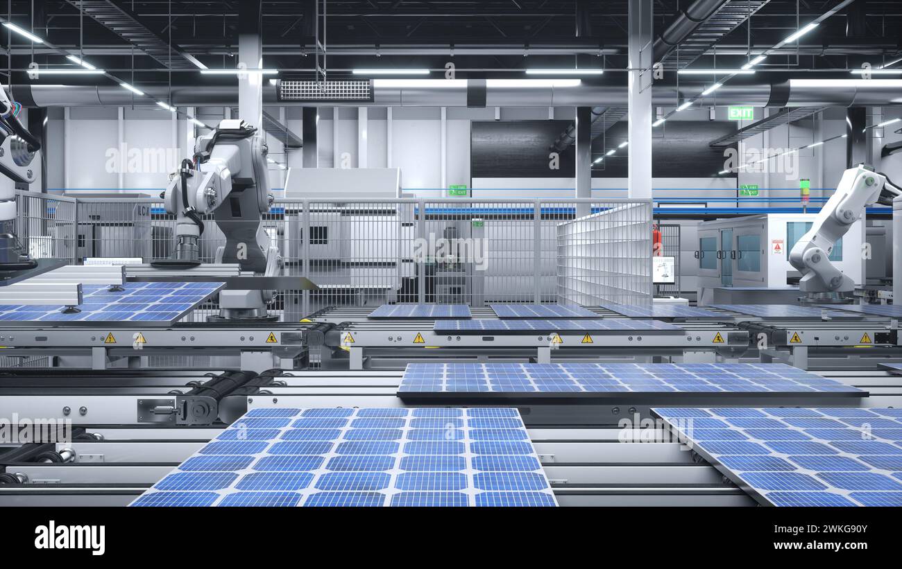 Busy solar panel factory with robot arms placing photovoltaic modules ...