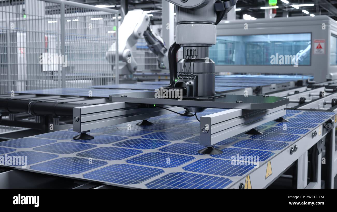 Heavy machinery in cutting edge solar panel factory maneuvering ...