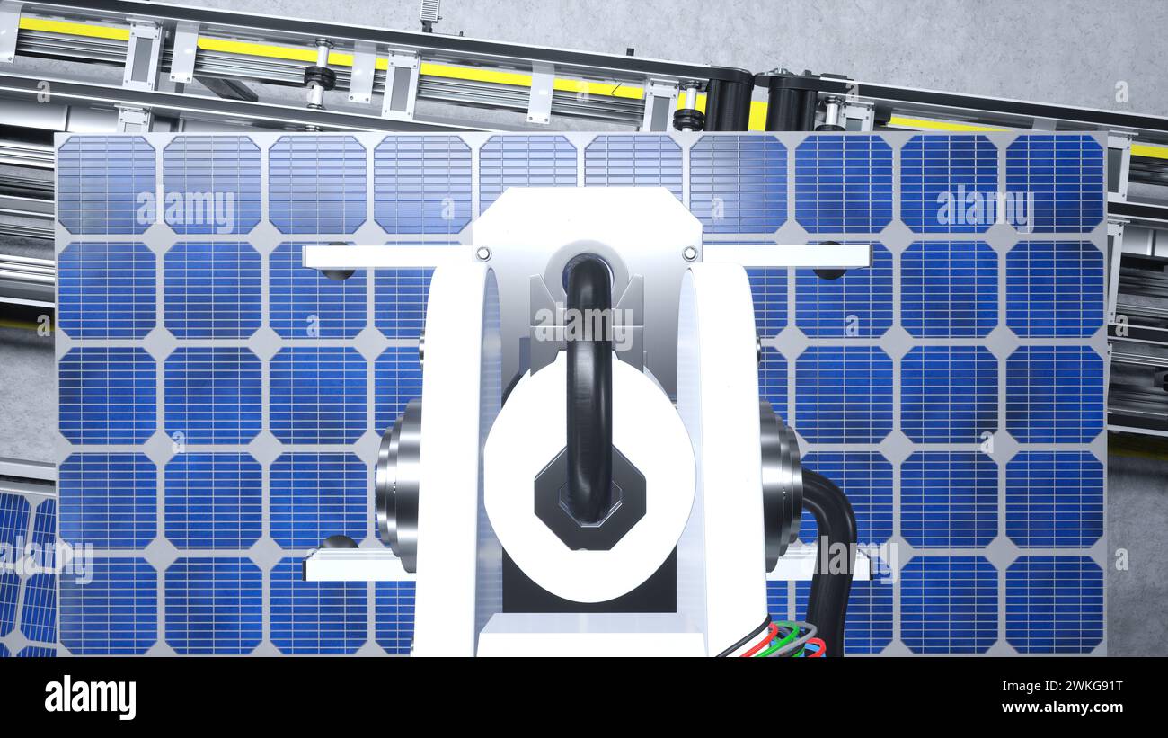 Aerial shot of cutting edge robotic arm placing solar panel on ...