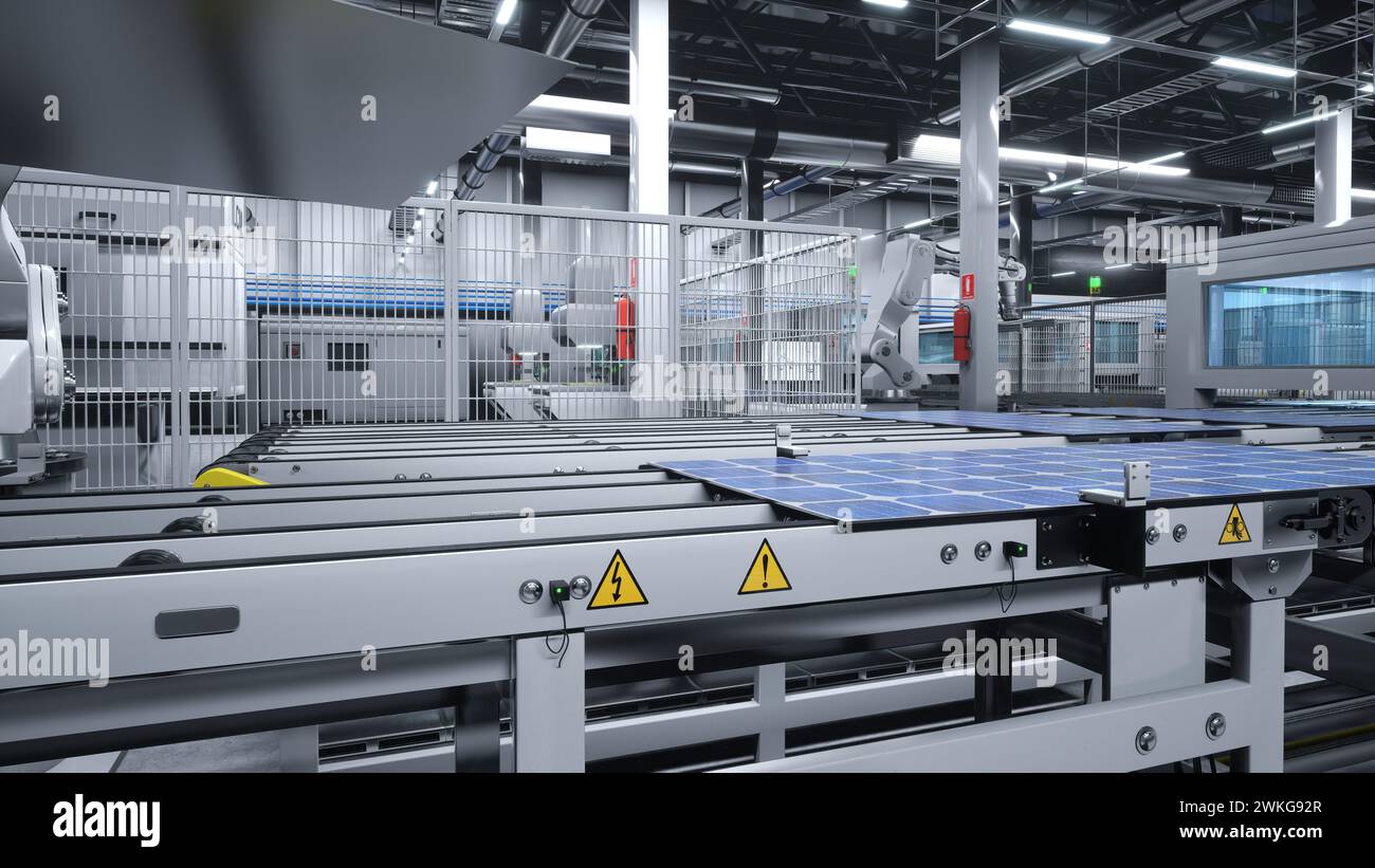 Industrialized solar panel factory with robotic arms placing ...