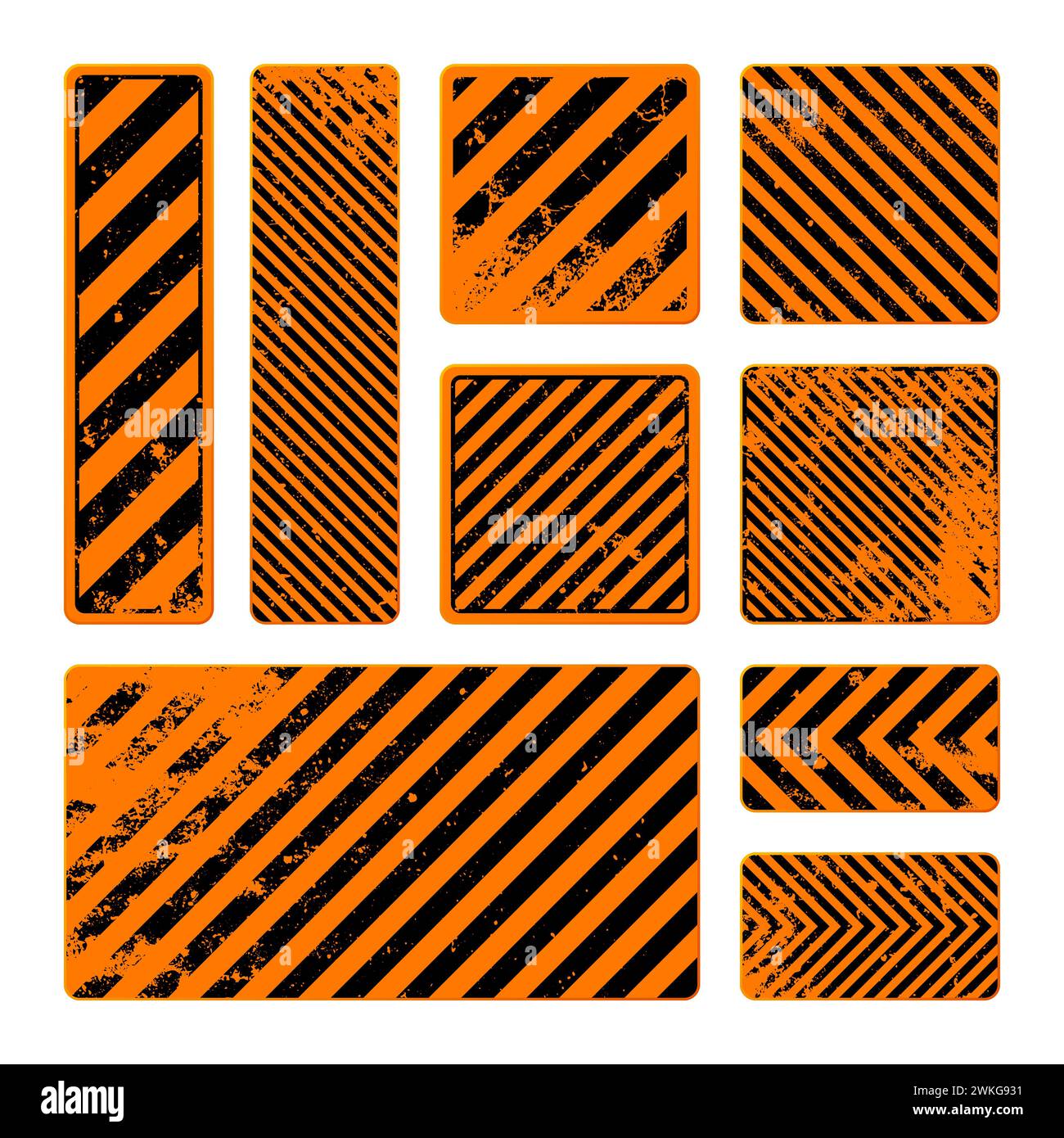 Orange grunge warning signs with diagonal lines. Old attention, danger ...