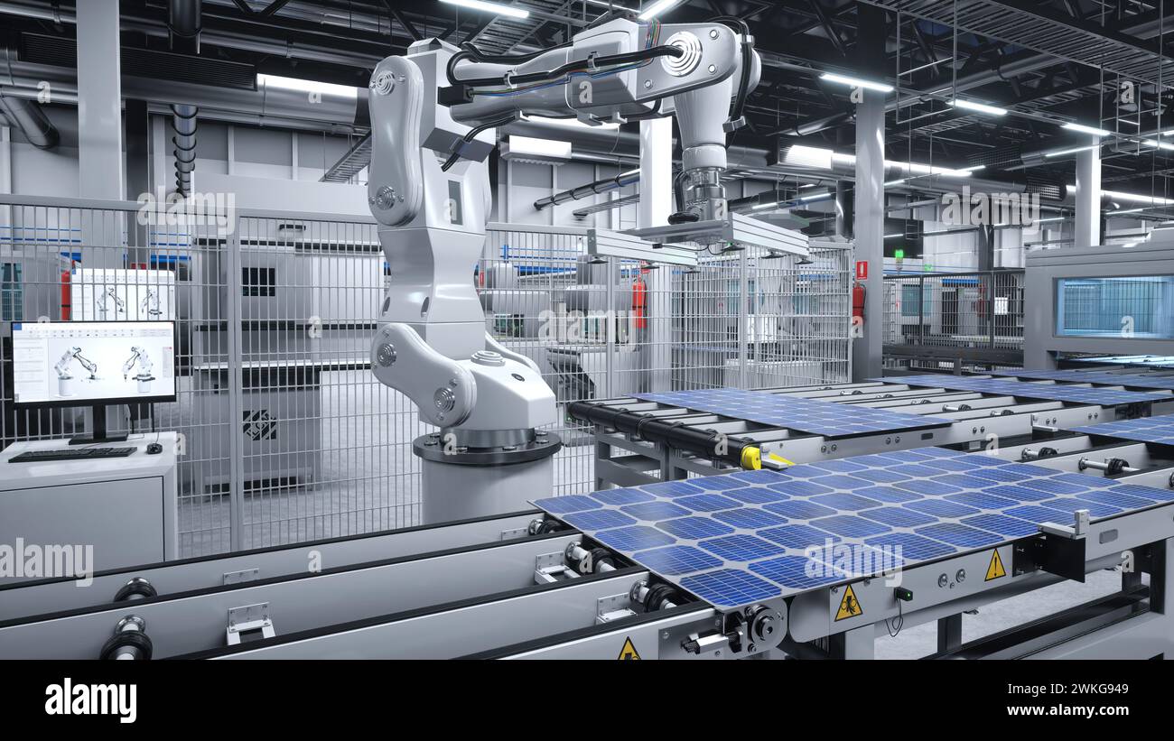 Solar panels moved on conveyor belts during high tech production ...