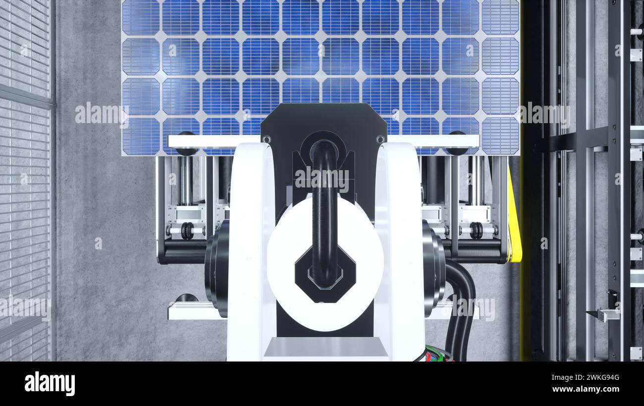 POV of robotic arms moving solar panels on conveyor belts during high ...