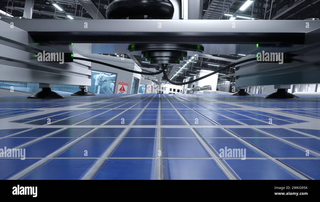 Focus on solar panels on conveyor belts with robotic arms operating in ...