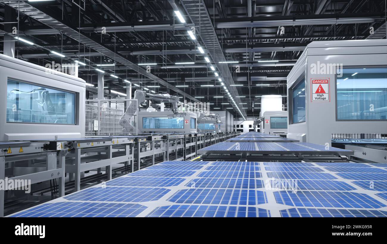 Solar panels being moved on conveyor belts during high tech production ...