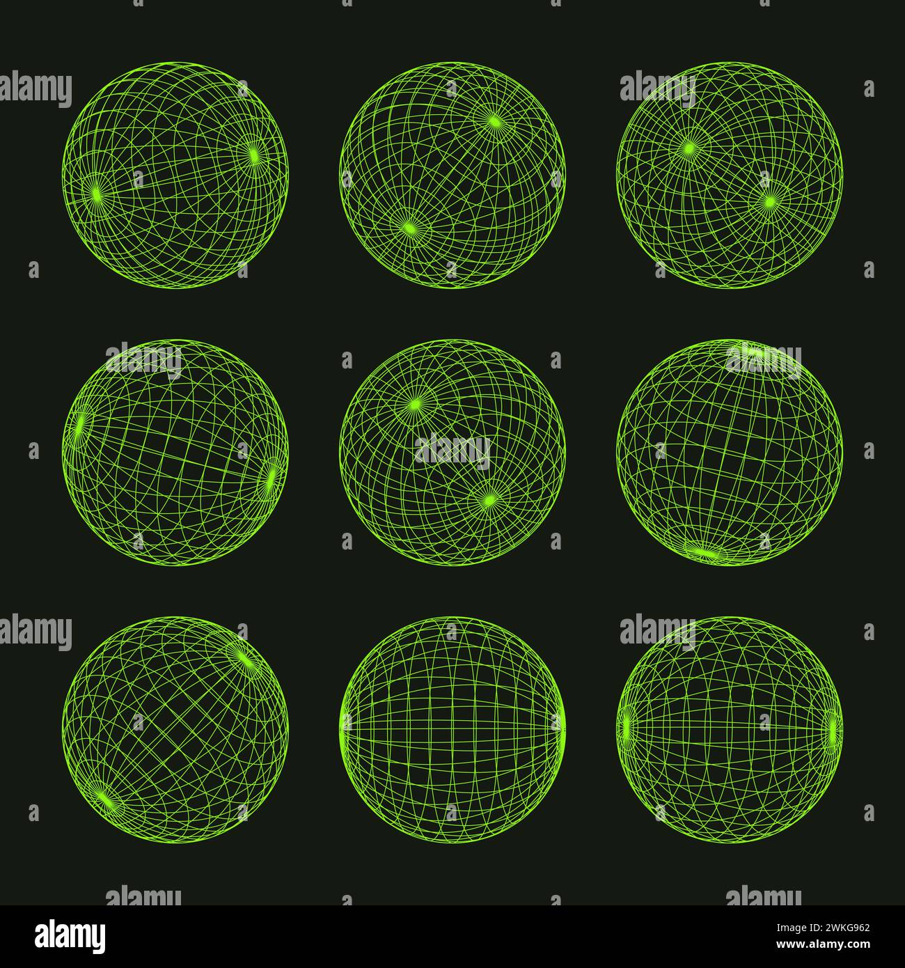 Wireframe shapes, lined sphere. Perspective mesh, 3d grid. Low poly ...