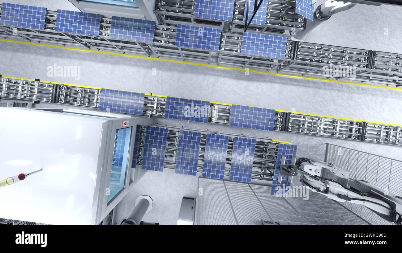 Top down view of solar panel factory with industrial robot arms placing ...