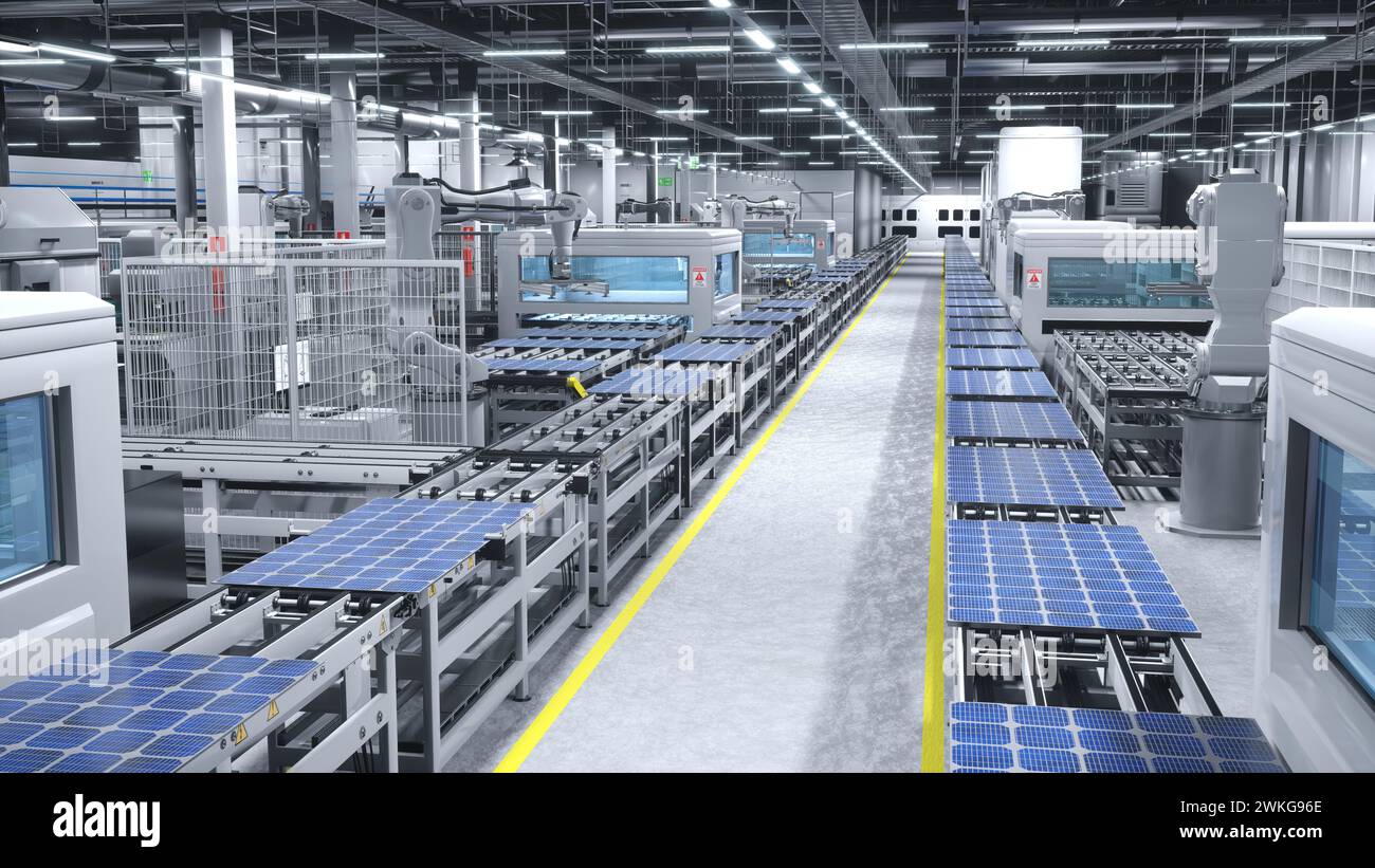 Industrial solar panel factory with robotic arms placing photovoltaic ...