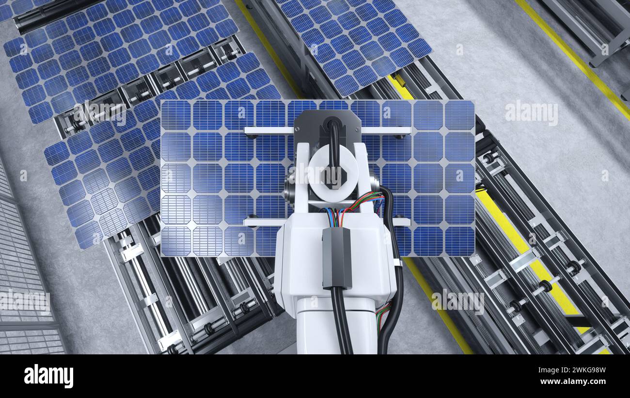 POV of robot arm moving solar panels on conveyor belts during automated ...
