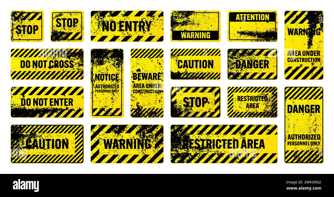 Various yellow grunge warning signs with diagonal lines. Old attention ...