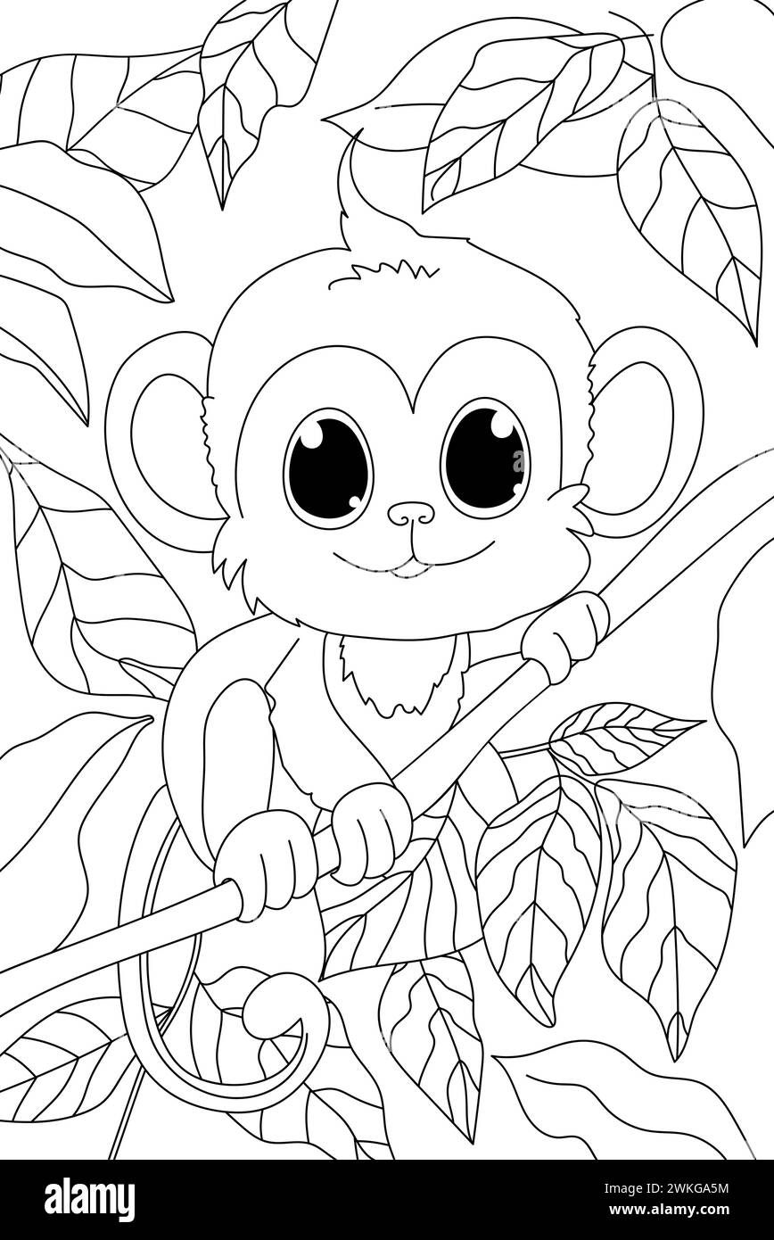 Monkey Coloring Book Page For Preschoolers Is A Fun Activity Stock ...