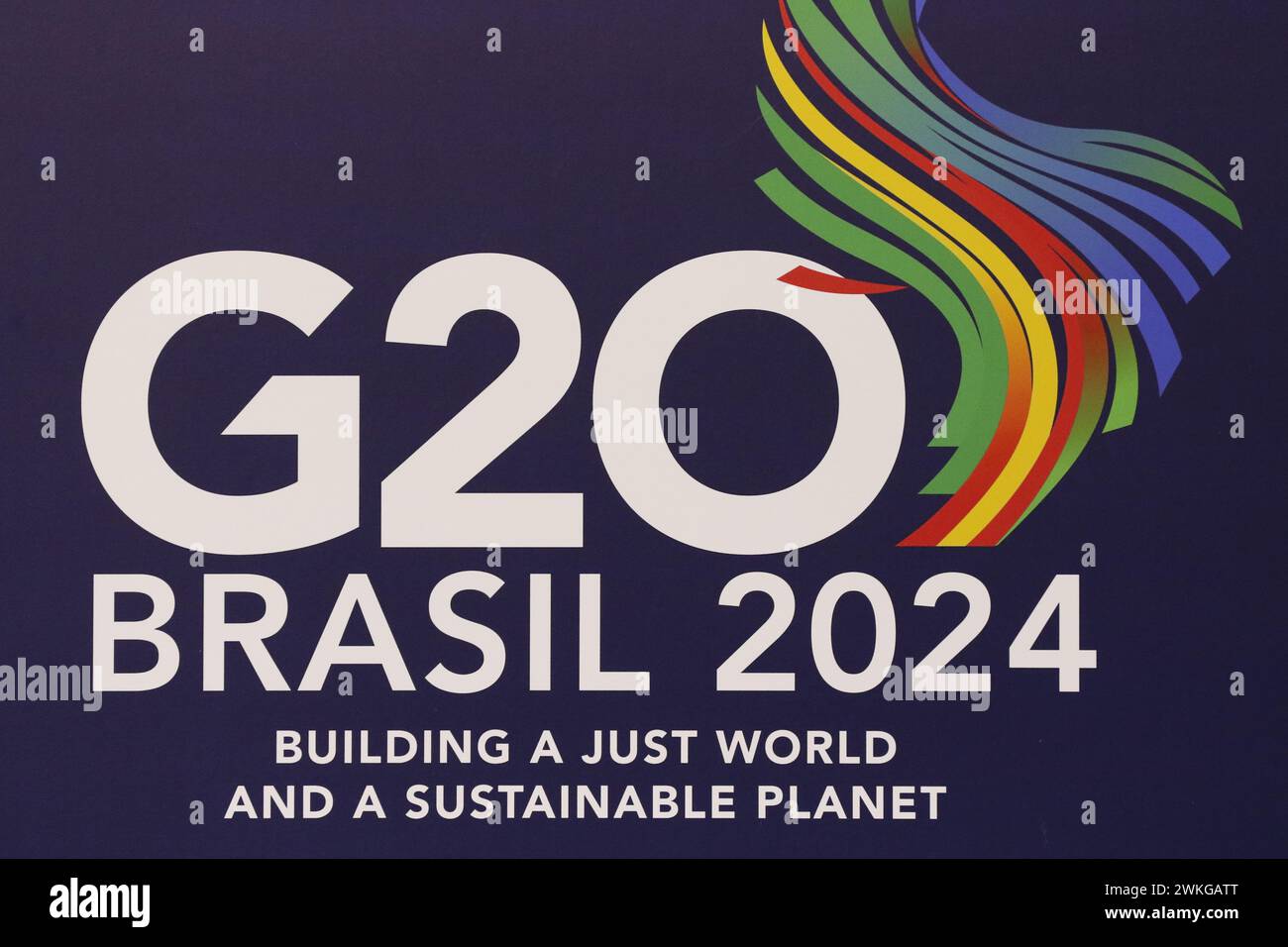 G20 Brazil 2024 Summit logo on a wall. Symbol of the Group of 20 meeting, where countries ...