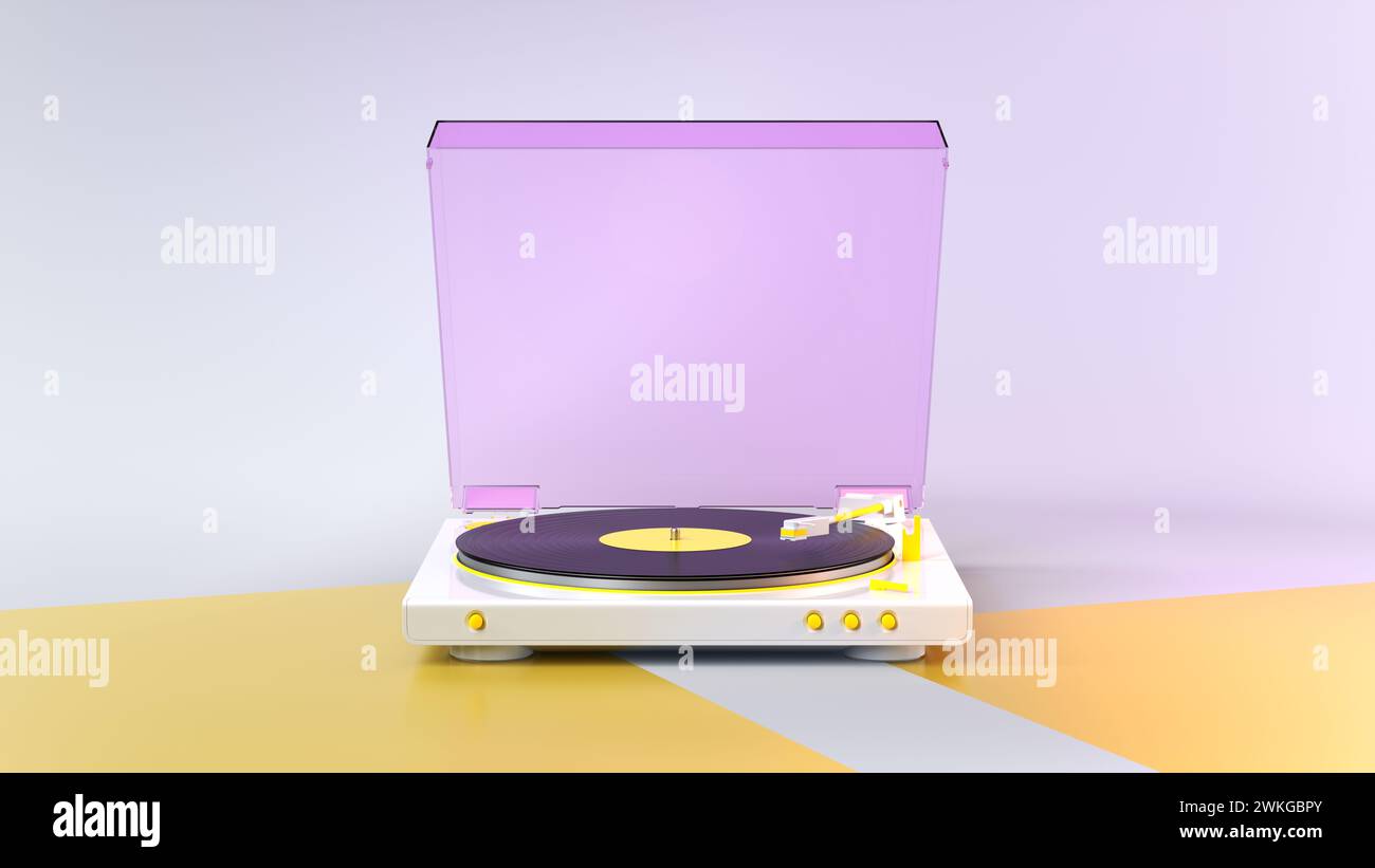 Modern turntable with vinyl record on White Yellow Background. Banner ...