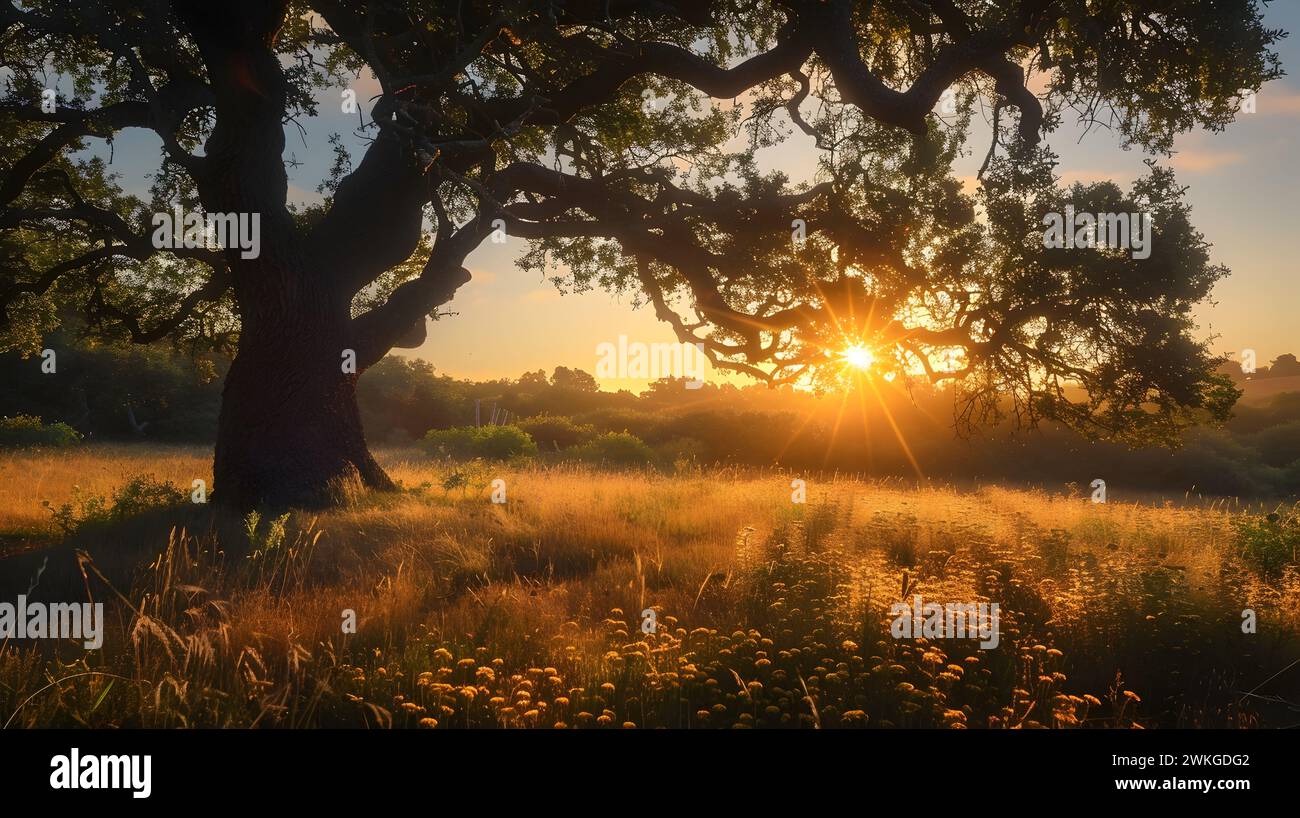 A beautiful and realistic depiction of a sunrise or sunset with an oak ...