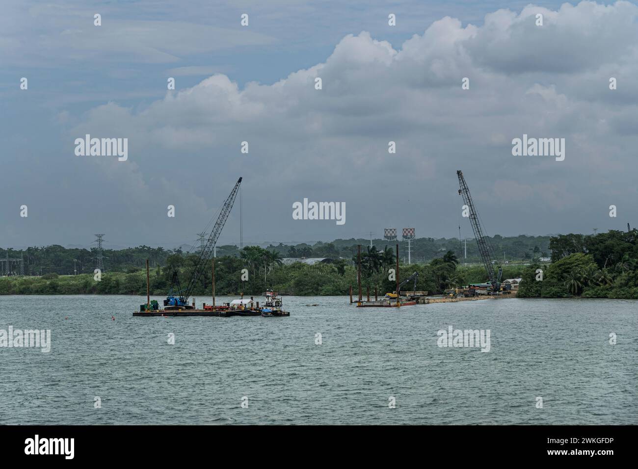 Bay of Limon, Panama - July 24, 2023: Dredging operations on west side ...