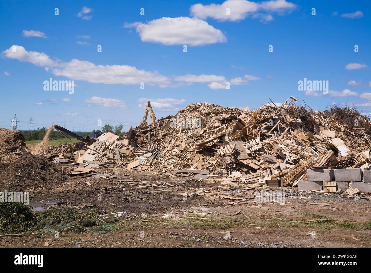 Pile of discarded pices of wood and pallets at waste management site ...