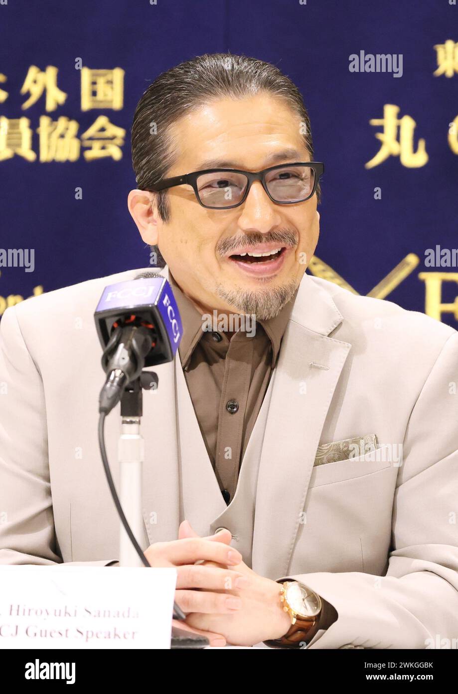 Tokyo, Japan. 20th Feb, 2024. Japanese actor Hiroyuki Sanada speaks for ...