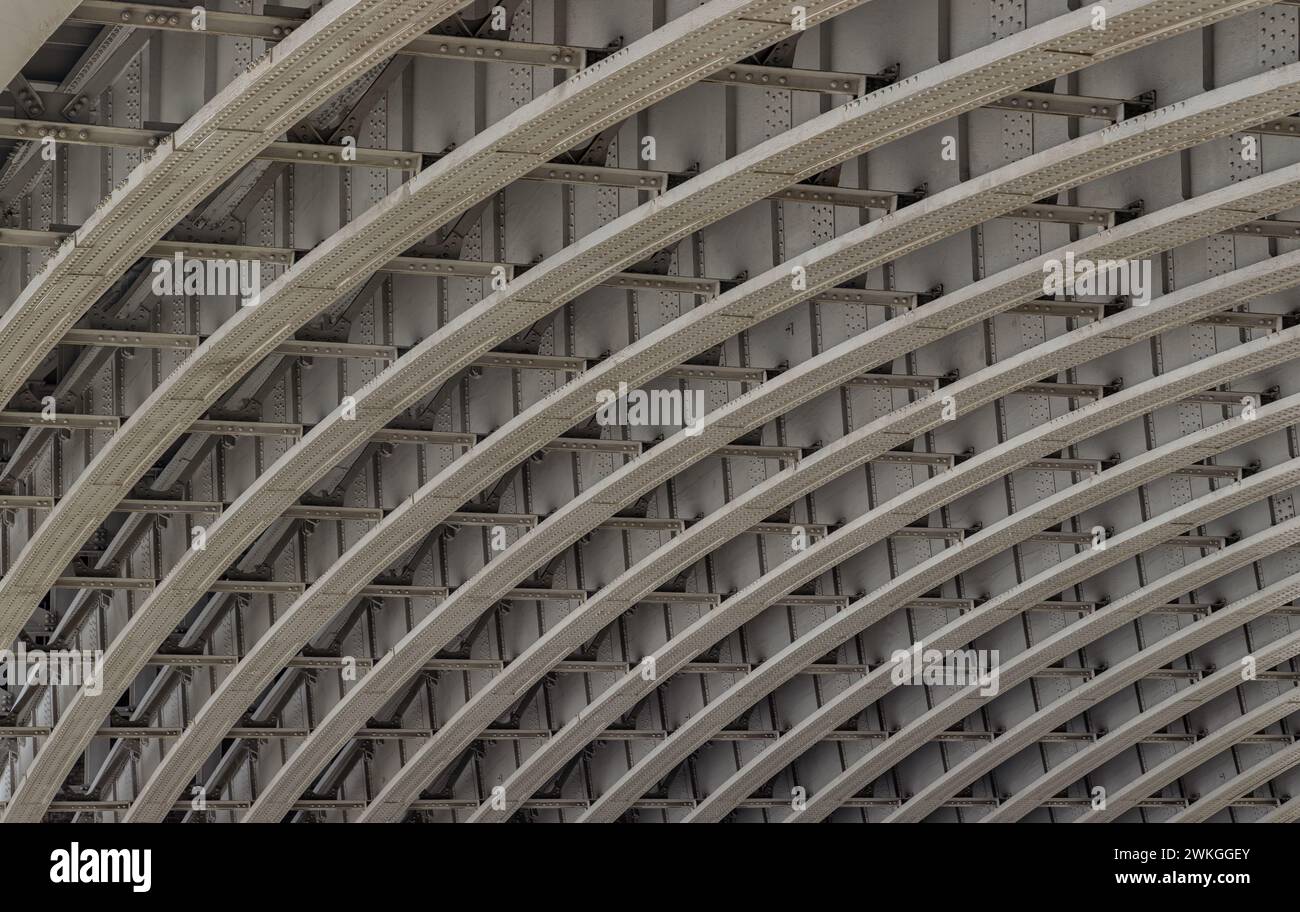 View of Structure and beams under the Curved steel Bridge. Framework ...