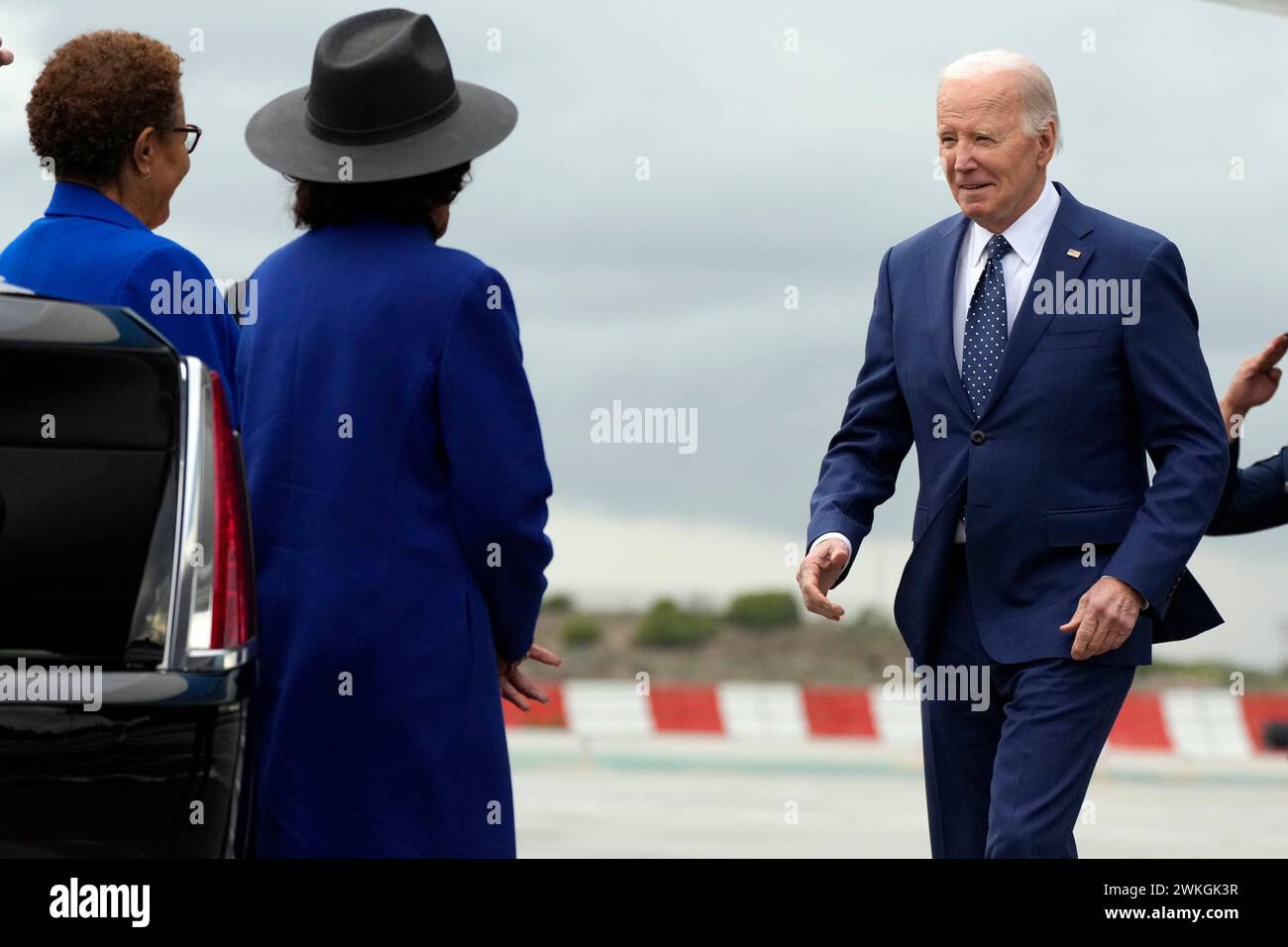 President Joe Biden greets Los Angeles Mayor Karen Bass, left, and Rep ...