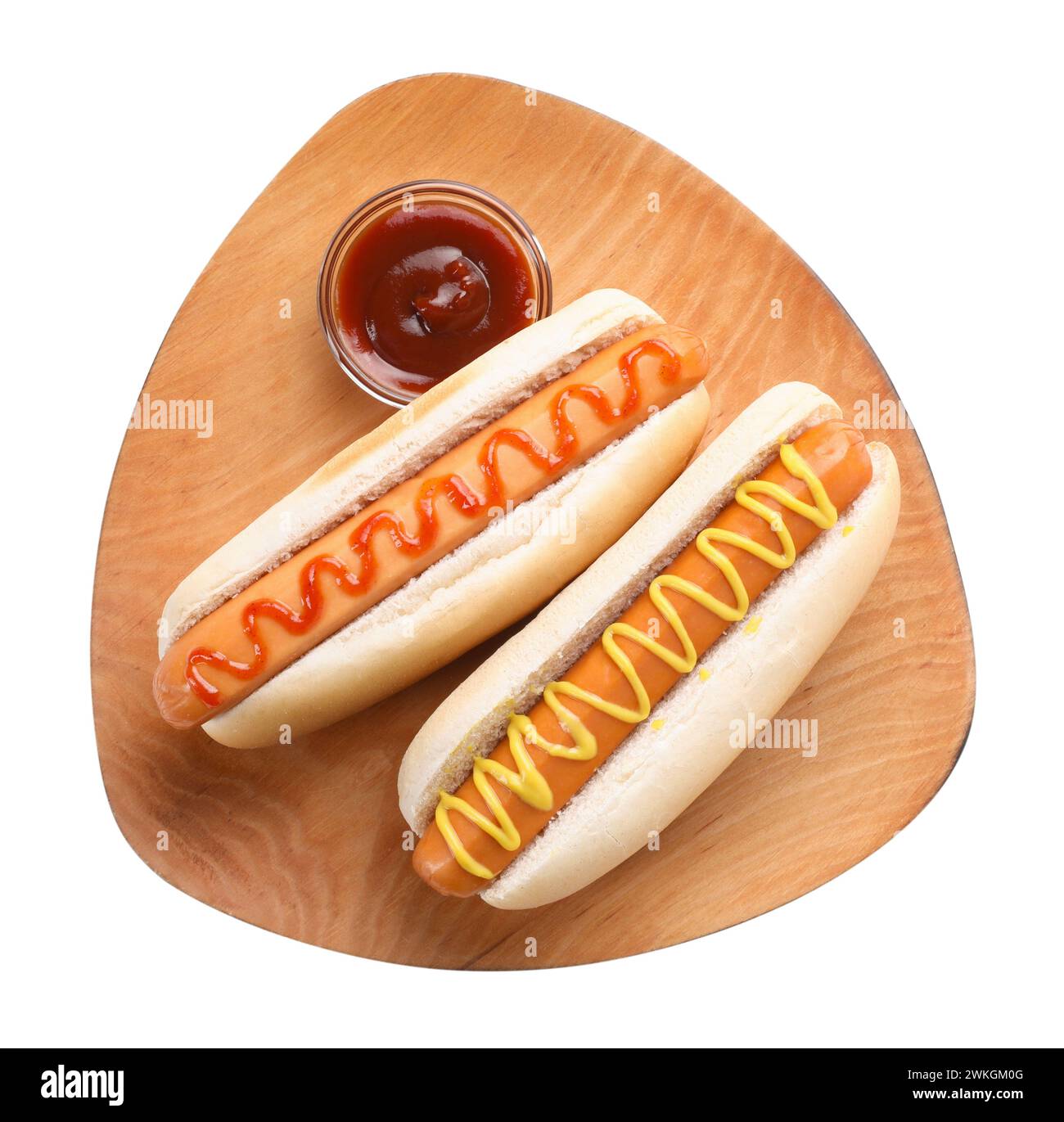 Tasty hot dogs with ketchup and mustard isolated on white, top view ...