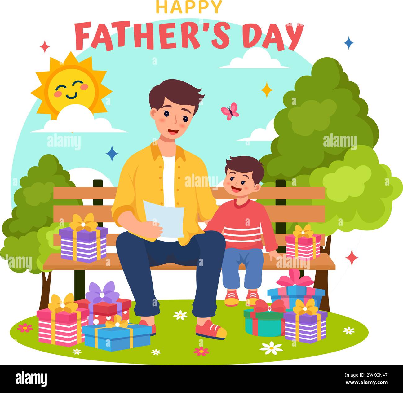 Happy Fathers Day Vector Illustration with Father and his Son or ...