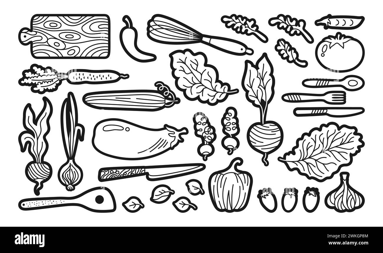 Vegetables and kitchen utensils cartoon outline sticker set. Vegetable ...