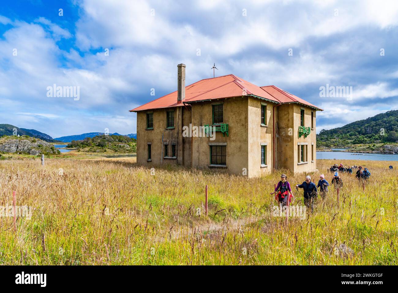 Hikers in front of the museum at a historic Yaghan aboriginal ...