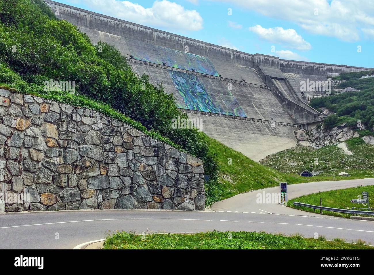 View from road pass road alpine road to road level below in front of ...