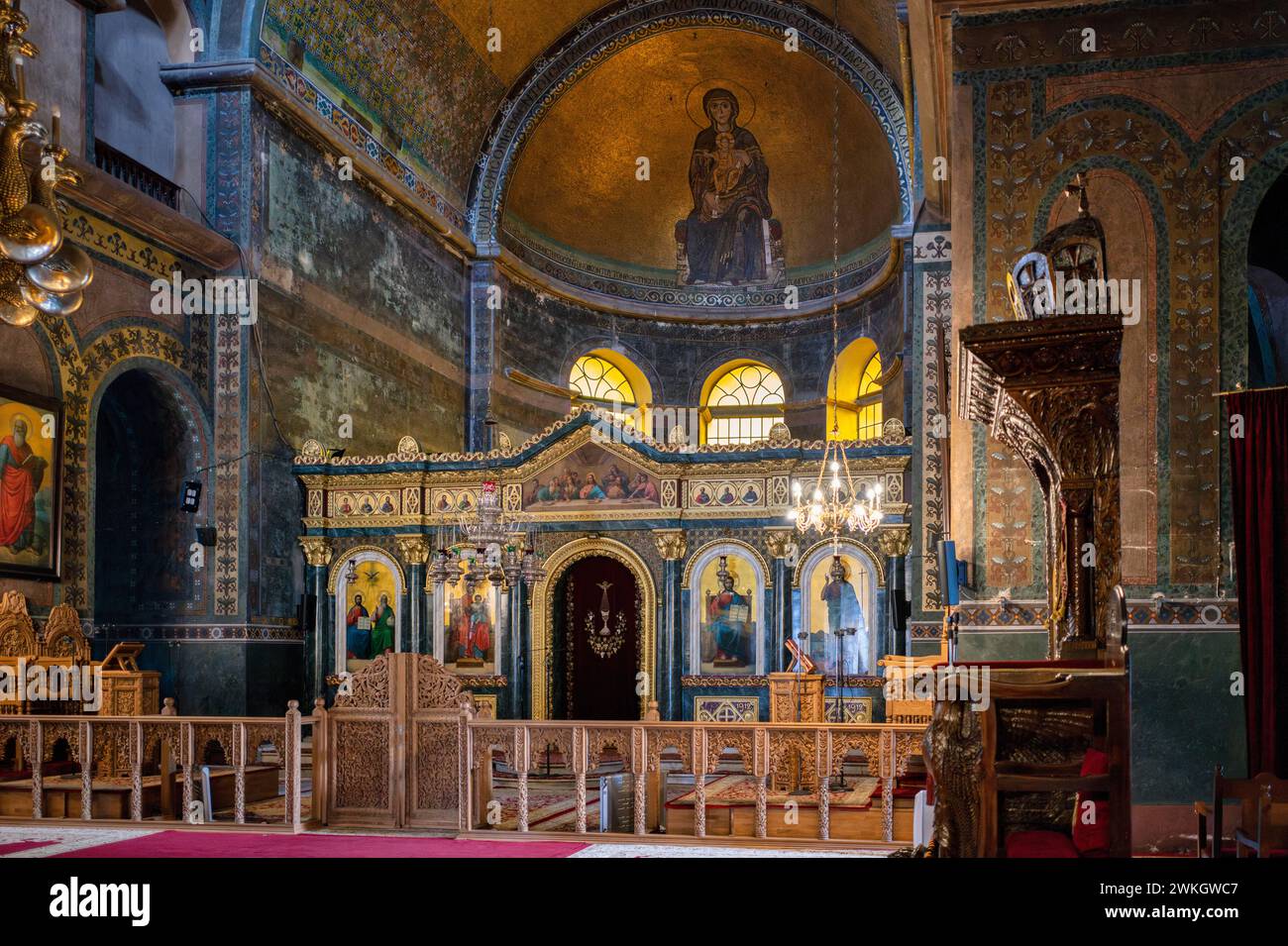 Interior view of Hagia Sofia church, also known as Agia Sofia, altar, chandelier, Thessaloniki ...