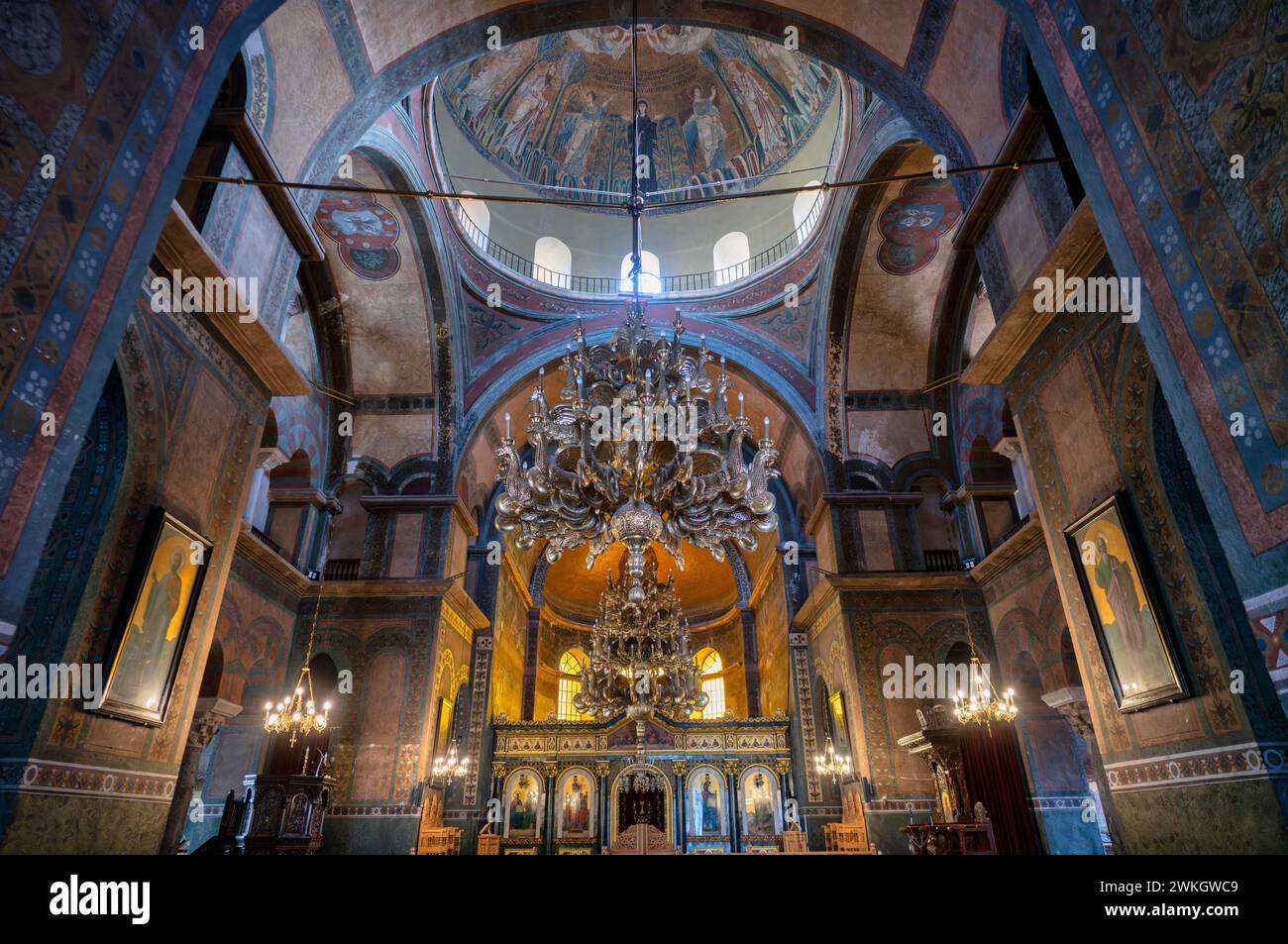 Interior view of Hagia Sofia church, also known as Agia Sofia, dome, altar, chandelier ...