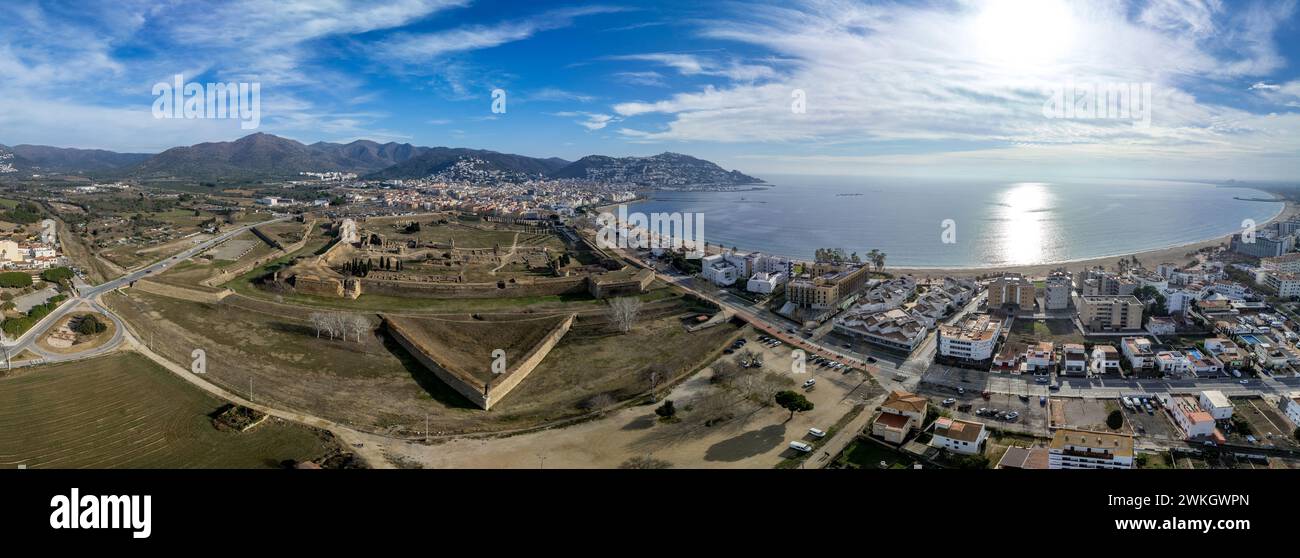 Panoramic aerial view of Roses citadel in Spain , giant pentagonal star ...